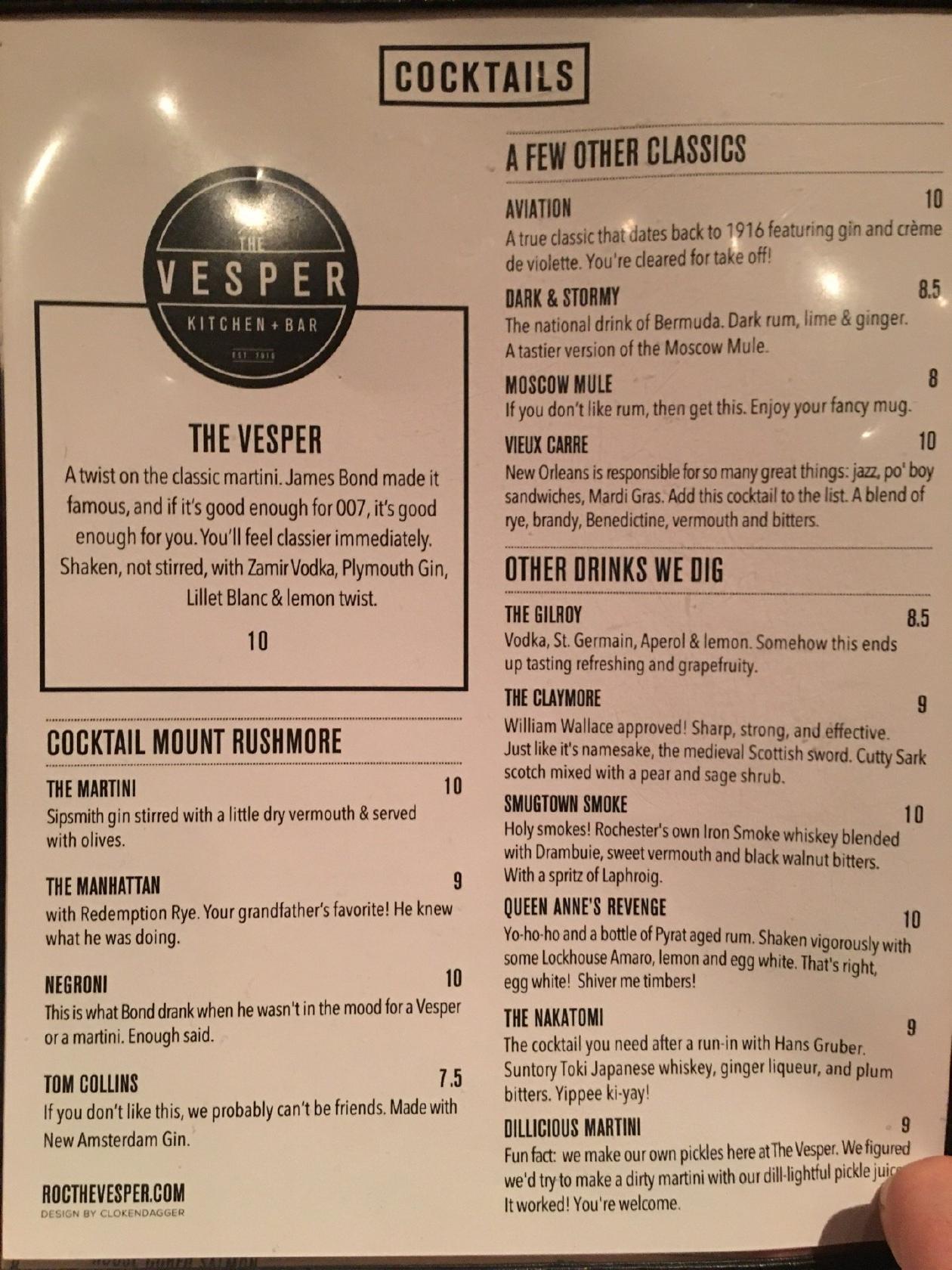 Carta del pub y bar The Vesper, Rochester