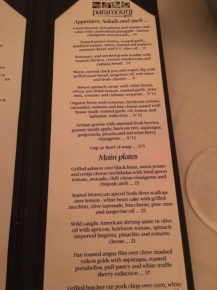 Menu at Paramount Grill restaurant, Gainesville