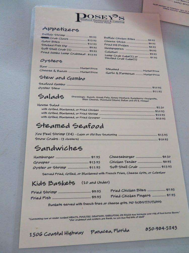 Menu at Posey's Up the Creek Steam Room restaurant, Panacea