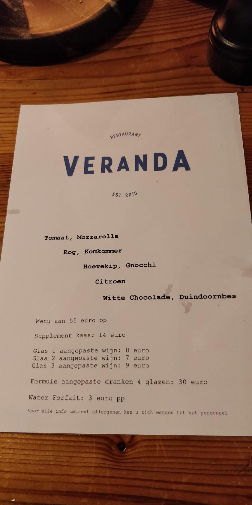 Menu at Restaurant Veranda, Antwerp, Lange Lobroekstraat 34
