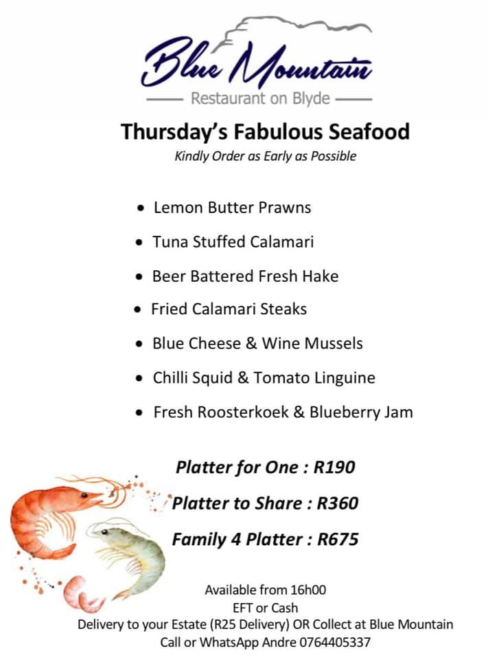 Menu at Blue Mountain Restaurant, South Africa, Stand 1 Blyde Wildlife ...