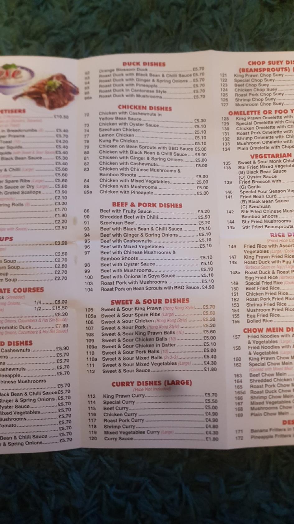 Menu at Chan Takeaway fast food, London, 91 Barnehurst Rd