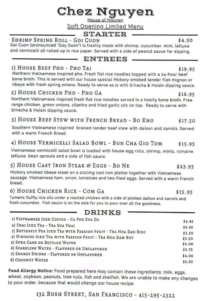 Menu at Chez Nguyen restaurant, San Francisco