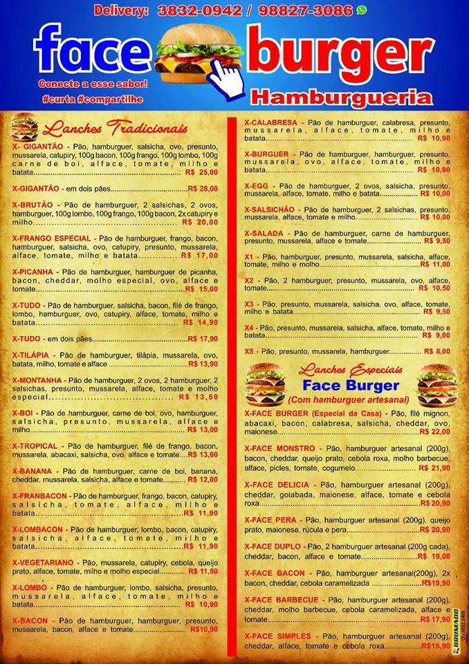 Menu at Face Burger Hamburgueria, Brazil