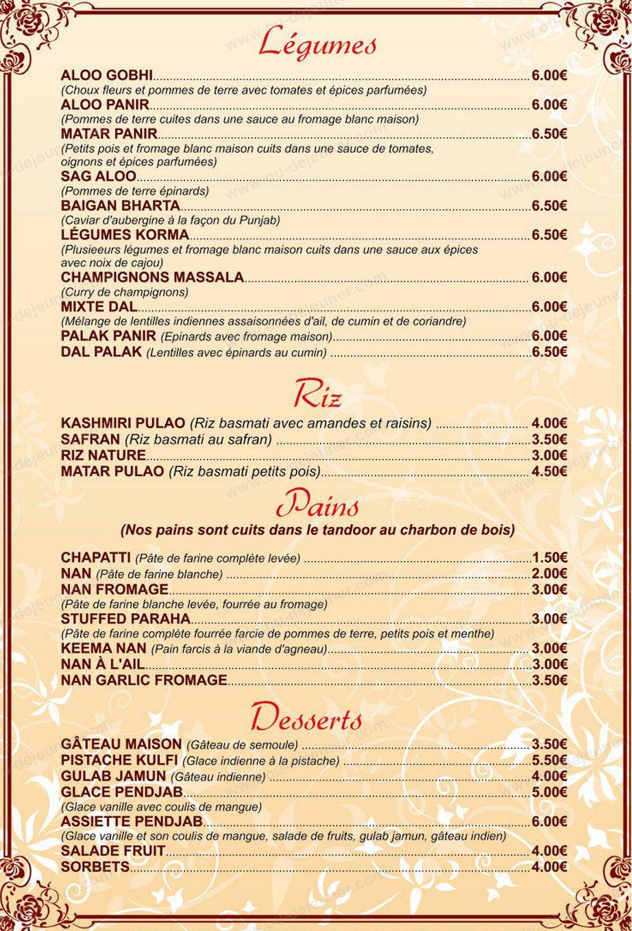 Menu au Le Pendjab Indien restaurant, Belfort