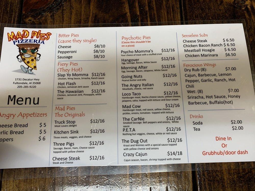 Menu at Mad Pies Restaurant & Bar, Fultondale