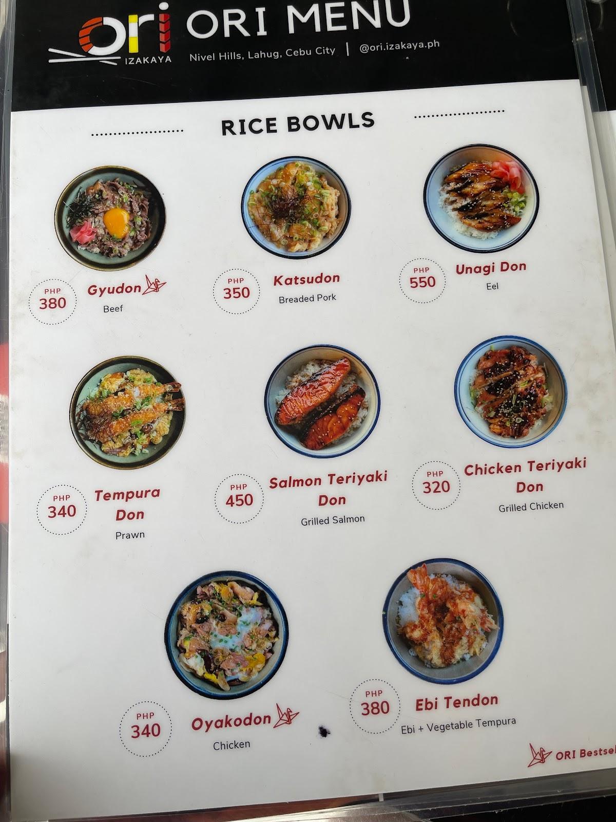 Menu at Ori Izakaya restaurant, Cebu City