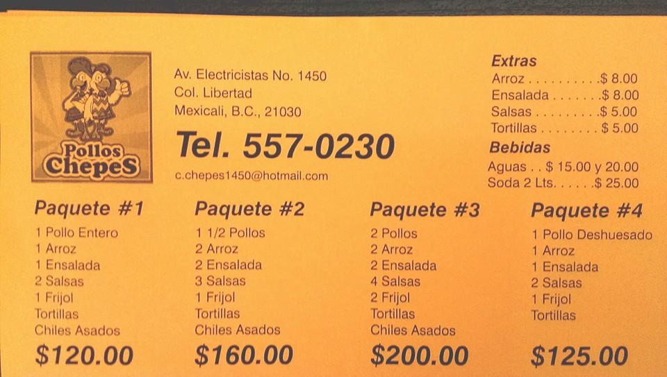 Menu at Pollos Chepes, Mexicali
