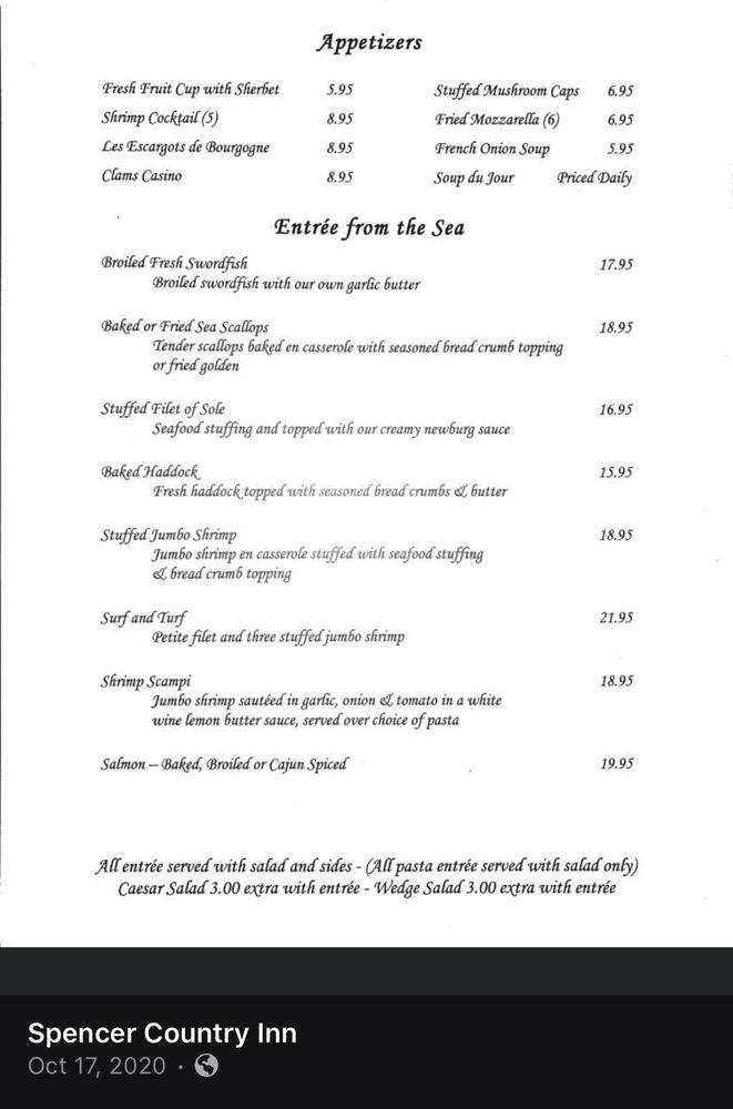 Menu at Spencer Country Inn restaurant, Spencer, 500 Main St
