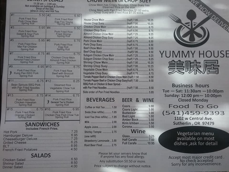 Menu at Yummy House restaurant, Sutherlin