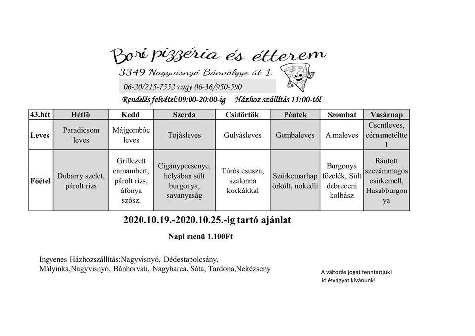 Menu at Bori Pizzéria & Étterem restaurant, Nagyvisnyó