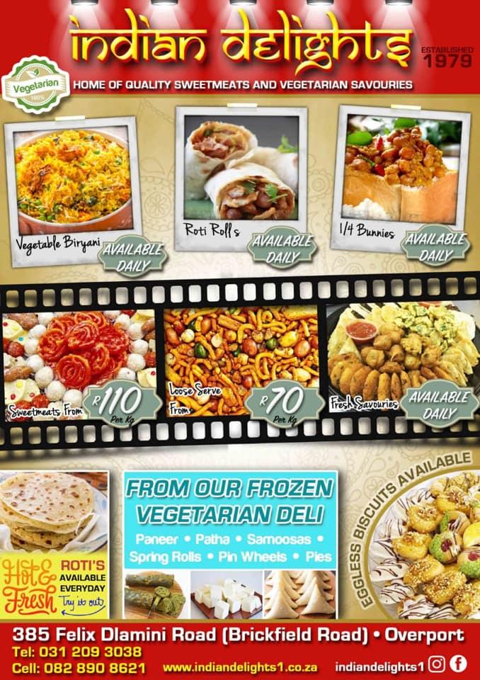 Menu at indian delights restaurant, Durban, 385 Felix Dlamini Rd