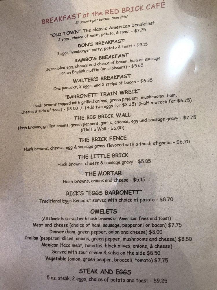 Menu at Red Brick Cafe, Barronett
