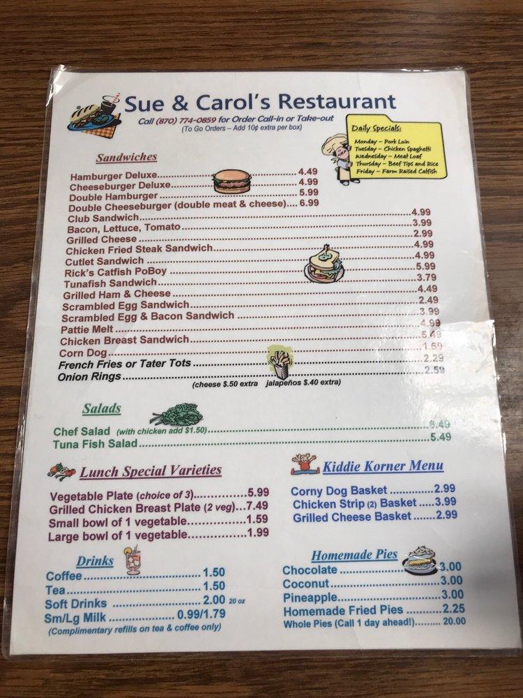Menu at Sue N' Carol's Kitchen restaurant, Texarkana, 938 N State Line Ave