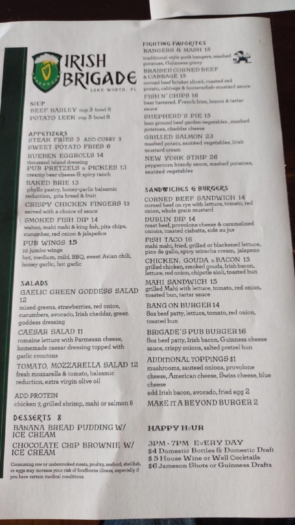 Menu at The Irish Brigade pub & bar, Lake Worth