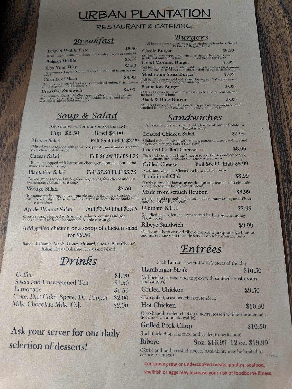 Menu at Urban Plantation restaurant, Shelbyville