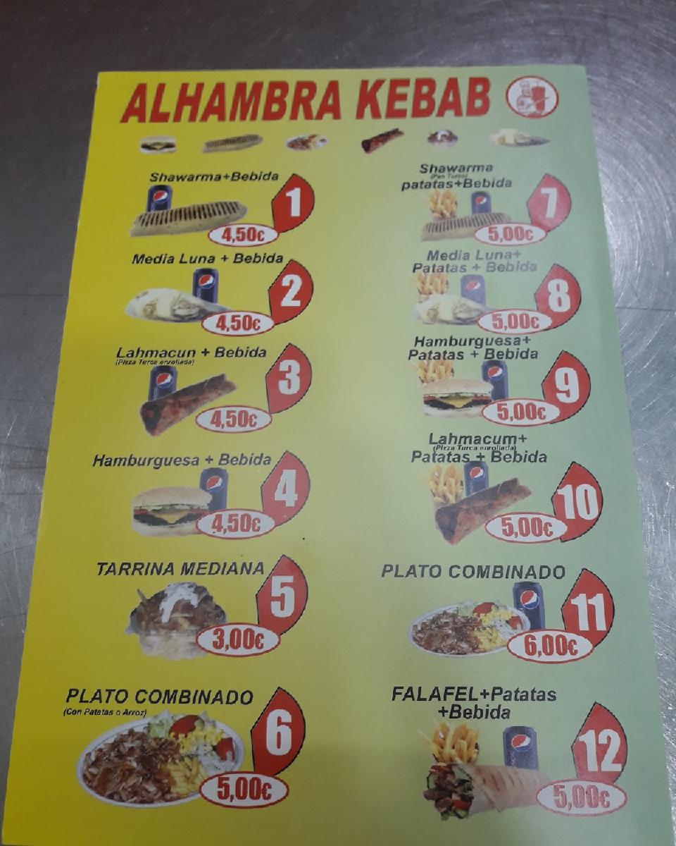 Carta del restaurante Alhambra Kebab Linares, Linares