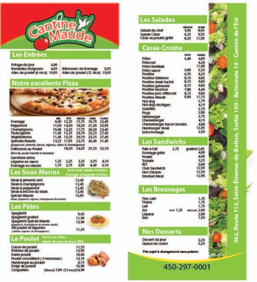 Menu at Cantine Maude pizzeria, Stukely