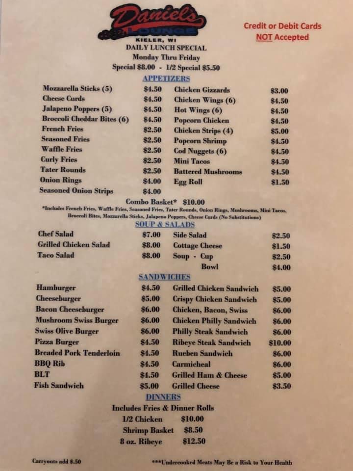 Menu at Daniel's Lounge pub & bar, Kieler