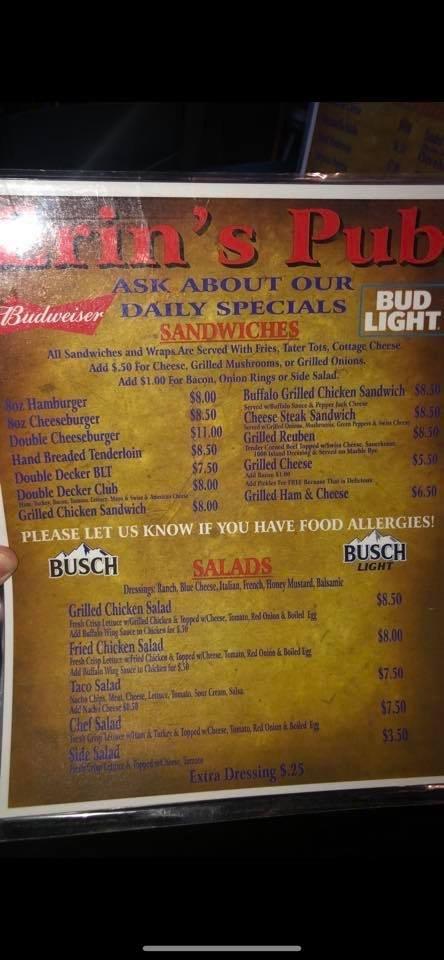 Menu at Erin's Pub, Independence