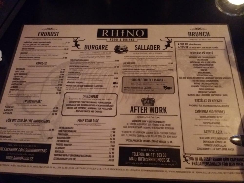 Menu at Rhino Food & Drinks restaurant, Stockholm