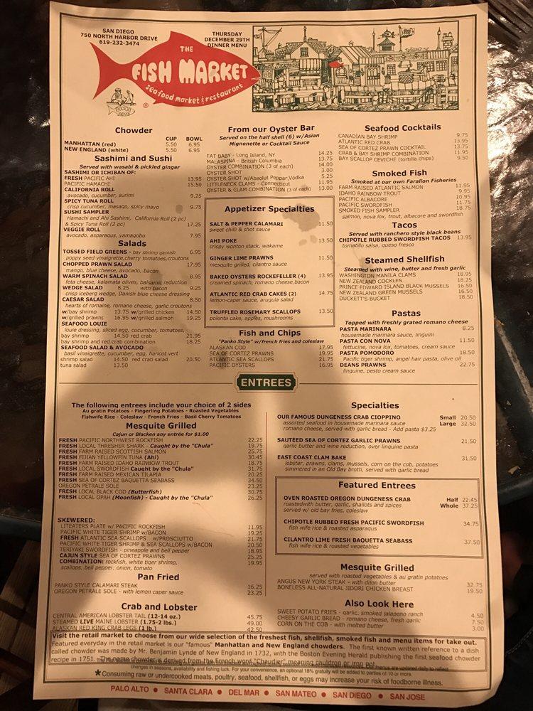 Menu at The Fish Market restaurant, San Diego, 750 N Harbor Dr