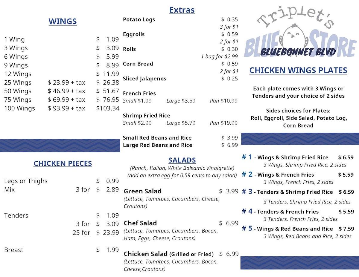 Menu at Triplet's Blue Store Chicken restaurant, Baton Rouge