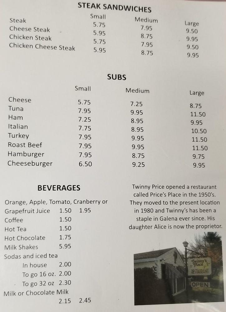 Menu at Twinny's Place restaurant, Galena