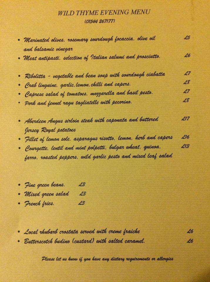 Menu at Wild Thyme Italian restaurant, Presteigne
