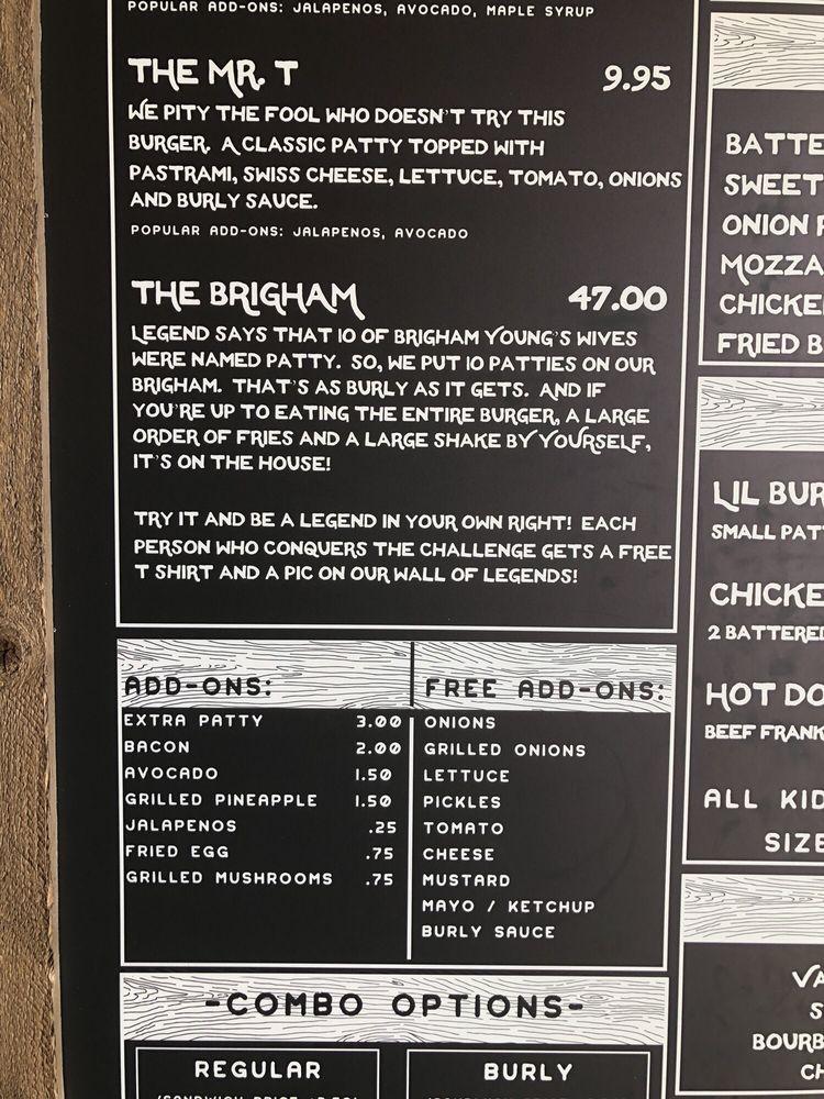 Menu at Burly Burger restaurant, South Weber, E South Weber Dr Suite 4