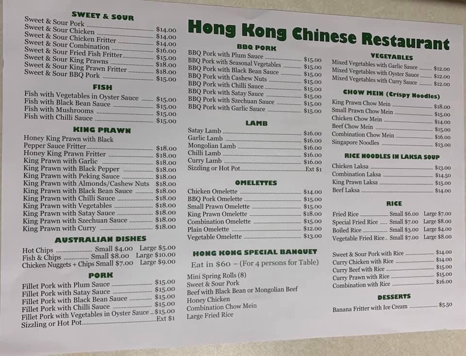 Menu at Hong Kong Restaurant, West Kempsey, 32/34 Elbow St