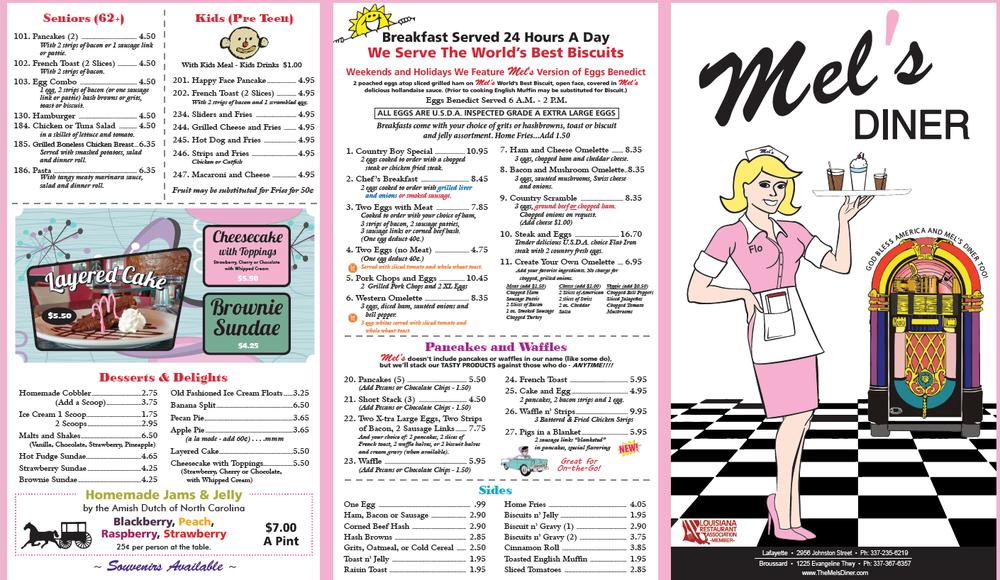 Menu at Mel's Diner restaurant, Broussard, Evangeline Thruway