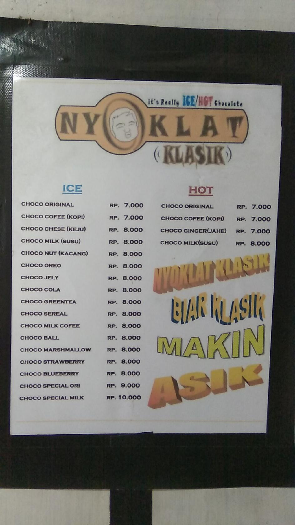 Menu at Nyoklat Klasik cafe, Central Tingkir