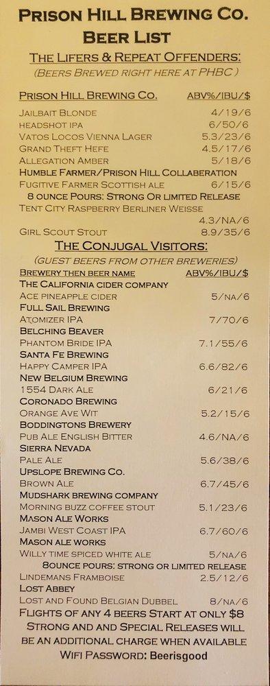 Menu at Prison Hill Brewing restaurant, Yuma