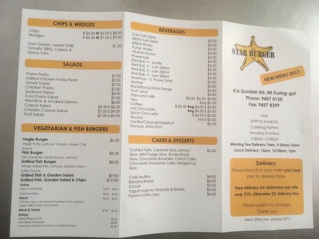 Menu at Star Burger fast food, Mount Kuring-gai
