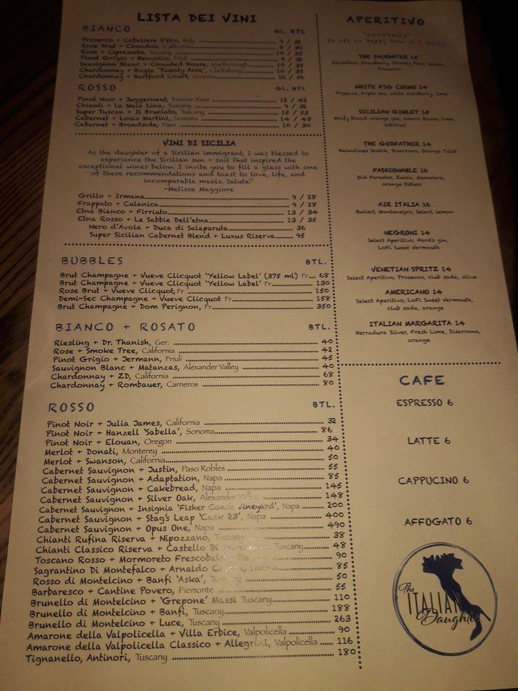 Menu at The Italian Daughter restaurant, Scottsdale