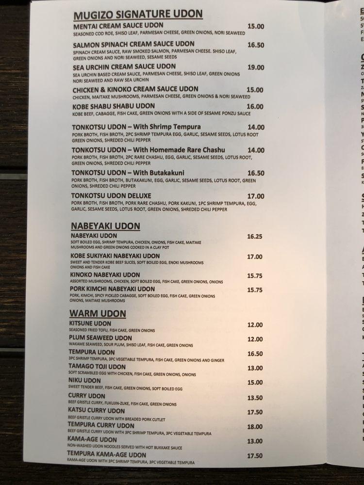 Menu at Udon Mugizo restaurant, Mountain View