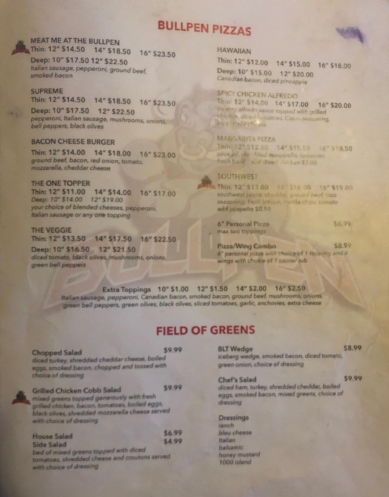 Menu at Bullpen Pizza pub & bar, Sugar Land