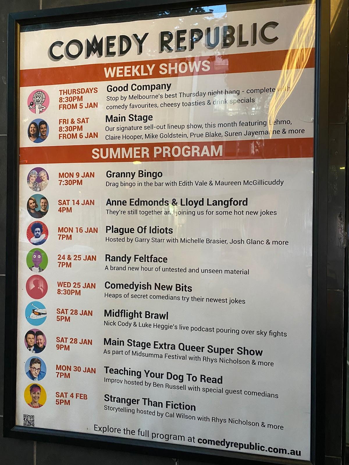 Menu at Comedy Republic, Melbourne