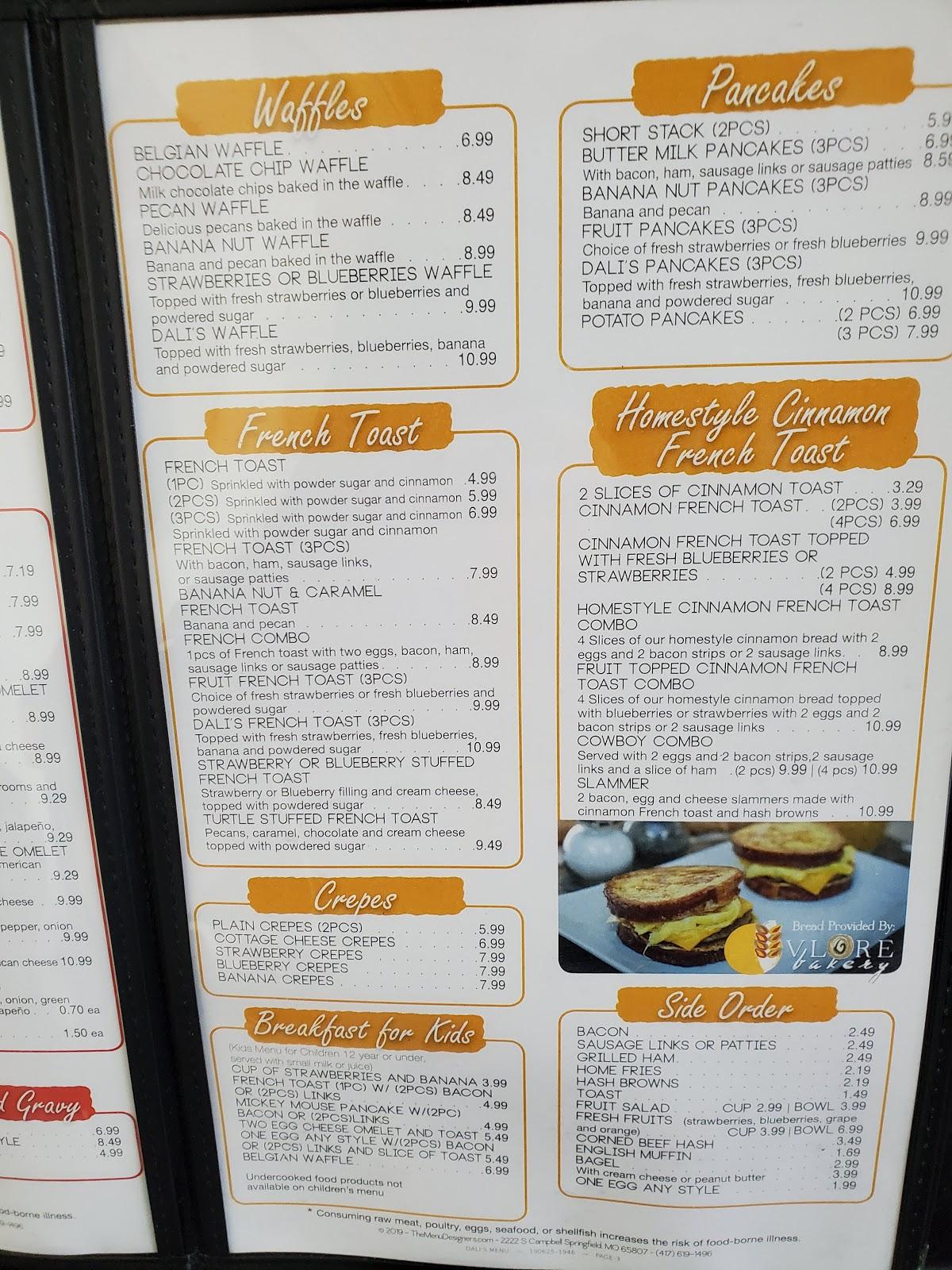 Menu at Dali's Cafe, Manitowoc