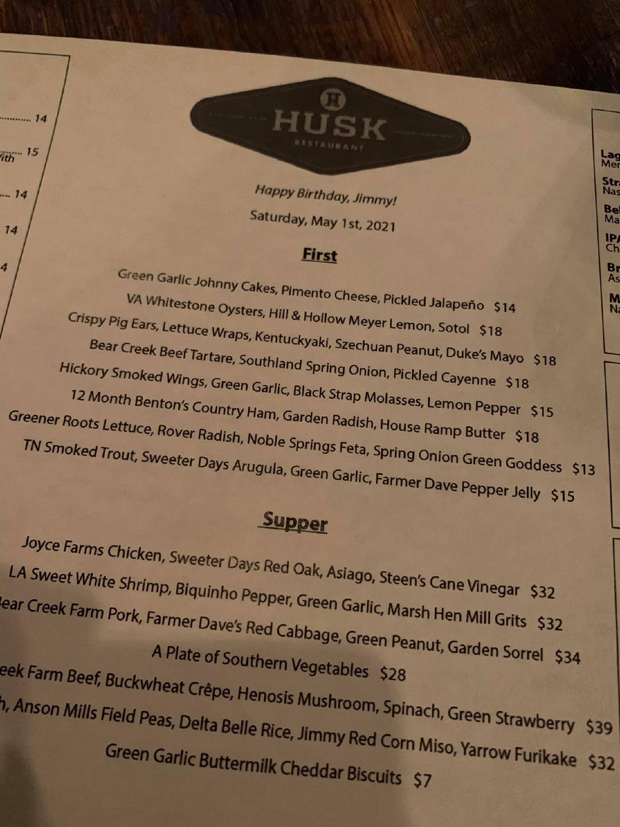 Menu at Husk pub & bar, Nashville