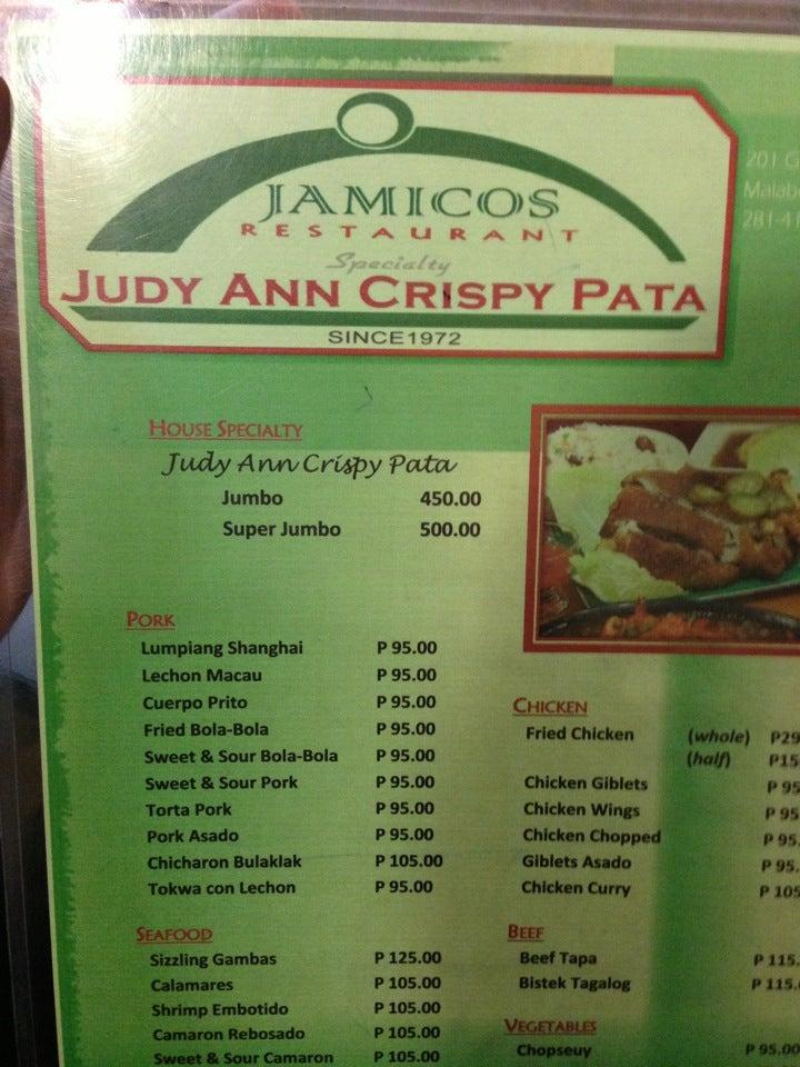 Menu at Judy Ann Crispy Pata restaurant, Malabon