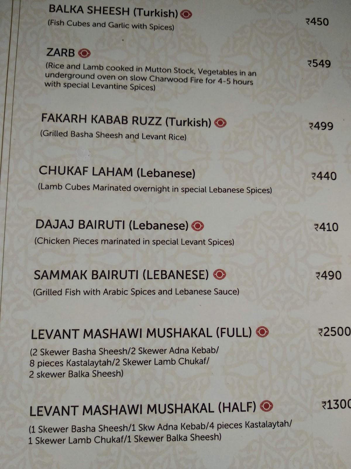 Menu at Levant Turkish Restaurant, Hyderabad