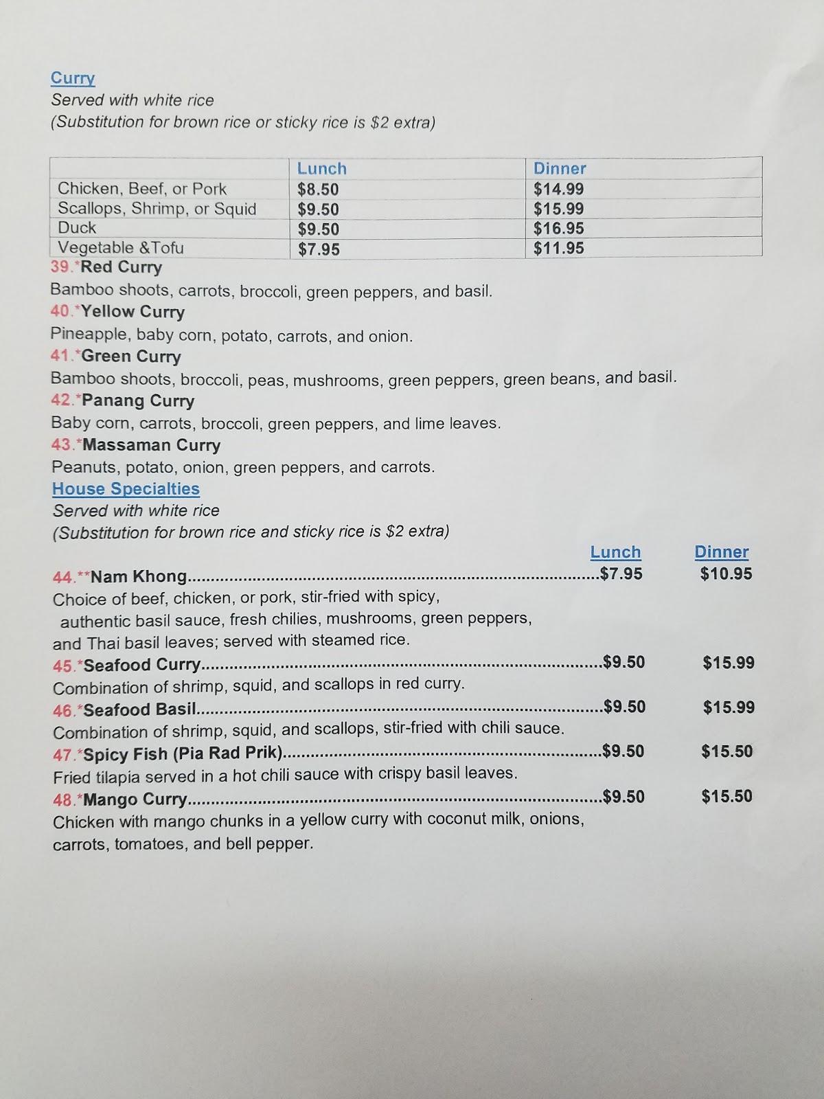 Menu at Nam Khong restaurant, Westerly, 105 Franklin St Unit #31