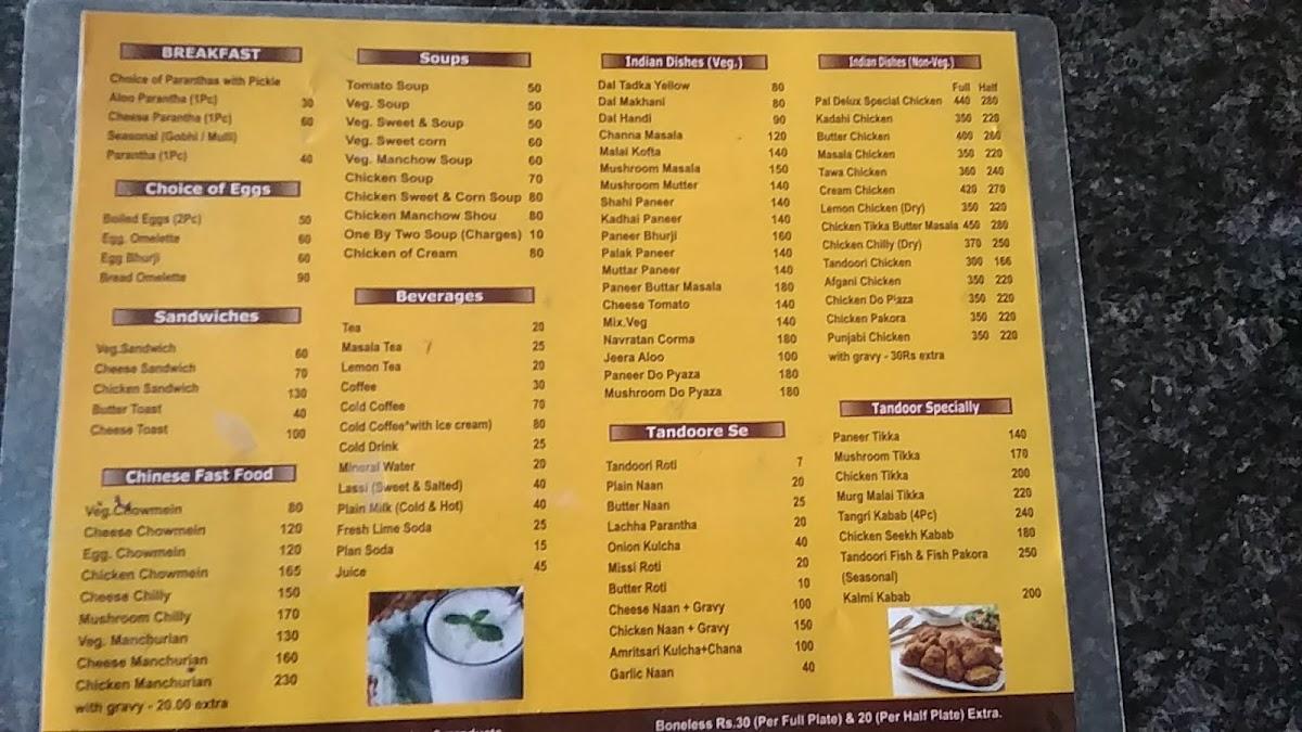Menu at Pal Dhaba Derabassi, Dera Bassi, National Highway 22