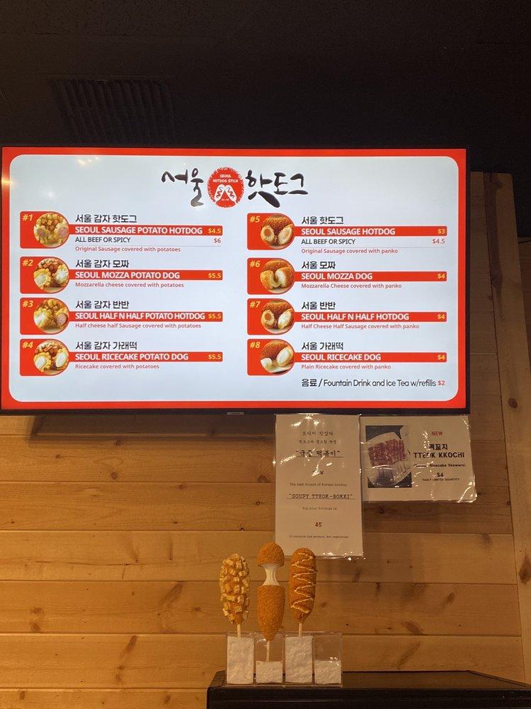 Menu at Seoul Hotdog fast food, Lynnwood