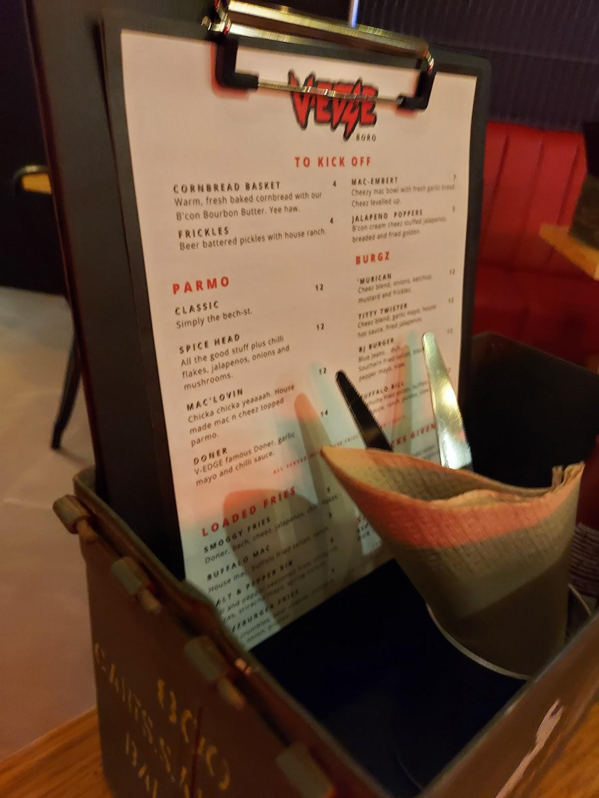 Menu at V-EDGE restaurant, Middlesbrough