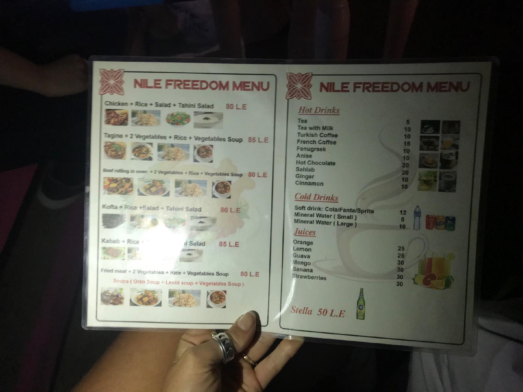 Menu at Nile Freedom restaurant, Egypt