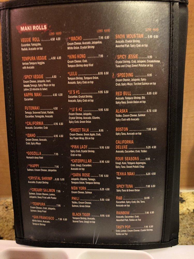Menu at JJ's Sushi restaurant, Sparks