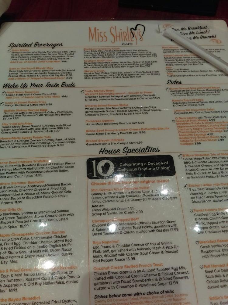 Menu at Miss Shirley's Cafe, Roland Park, Baltimore
